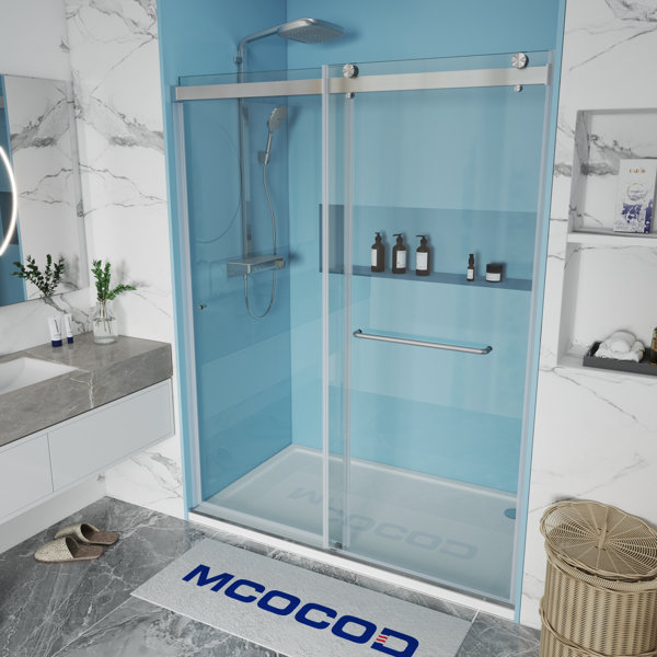 MCOCOD 48" W x 76" H x 2/5" THK Tempered Glass Double Smooth Sliding Frameless Shower Door with ...